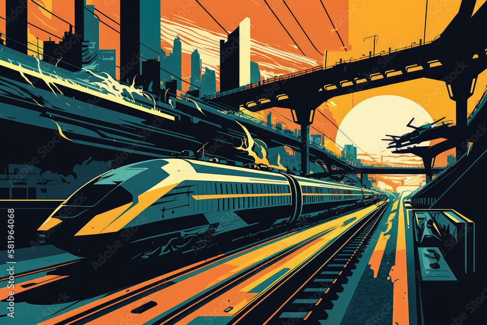 Abstract illustration of a futuristic train station with high-speed ...