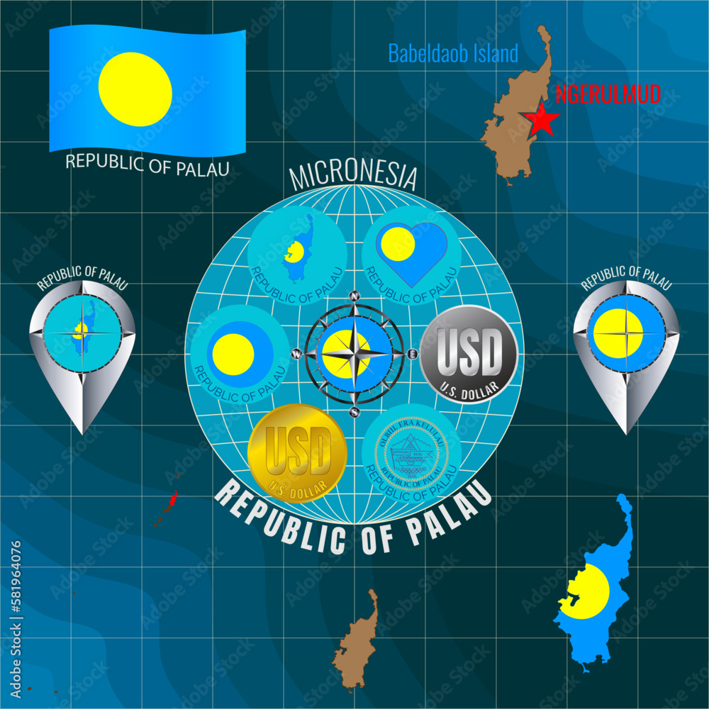 Poster Set of vector illustrations of flag, outline map, icons of ...