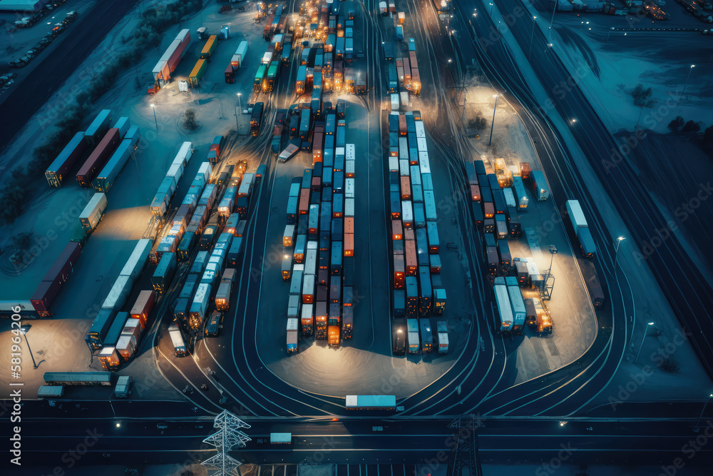 Aerial view of a vast logistics network with trucks, trains, and ships ...