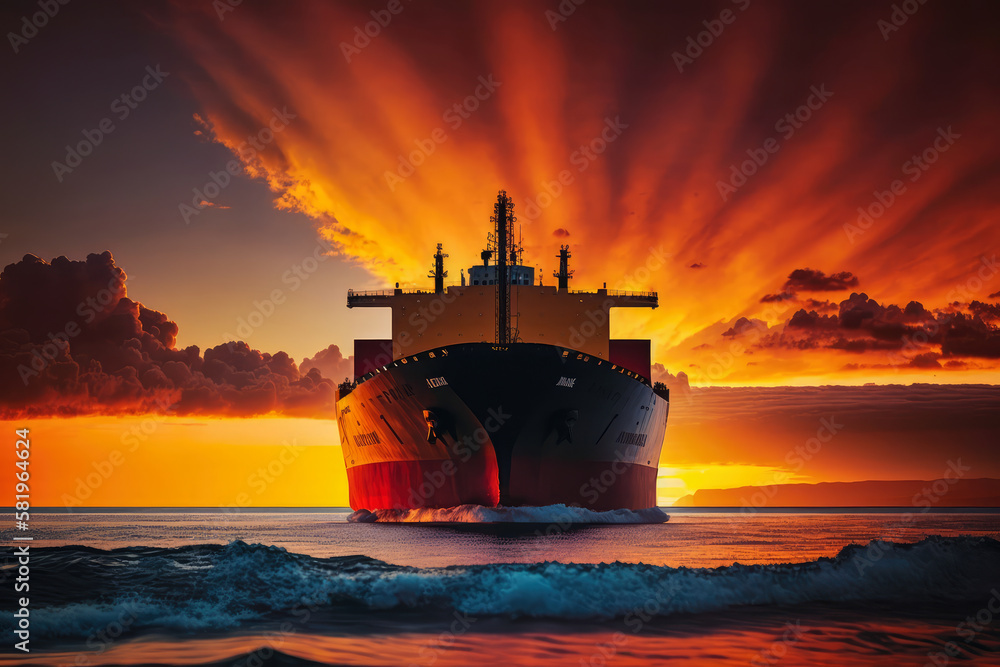 cargo ship sailing triumphantly in front of a dramatic sunset with a ...