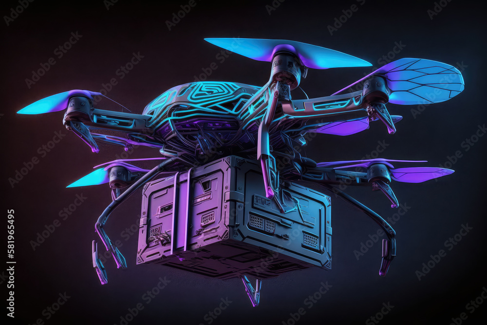 futuristic and dynamic image of a delivery drone in neon purple and ...
