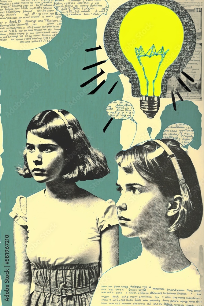 Collage of retro style textbook with girls vintage portrait. Generative ...