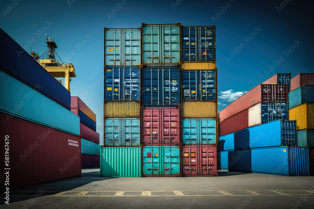 Shipping containers stacked high against a clear blue sky with a ...