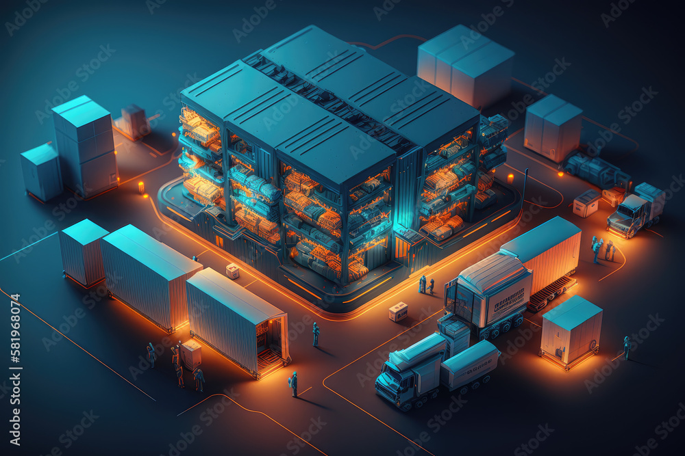 Smart Warehouse Abstract 3D rendering of a high-tech logistics and ...