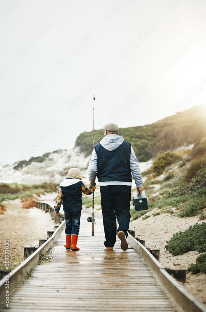 Fotka „Fishing, child and grandfather walking on beach pier with tools ...