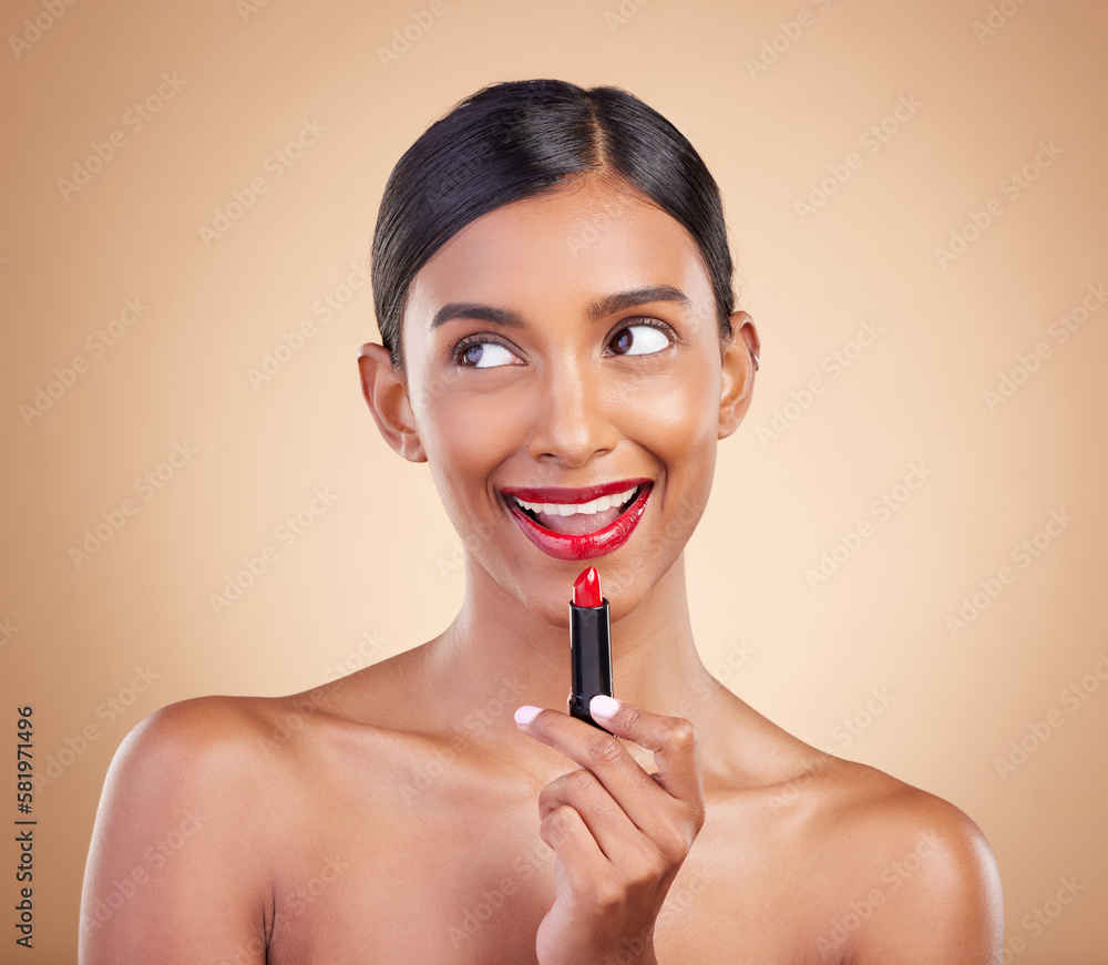 Makeup, red lipstick and beauty of a woman in studio for cosmetics ...
