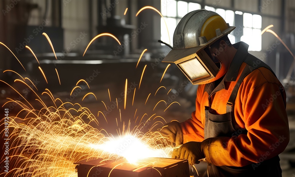 working welder performs welding work in the workshop, welding ...