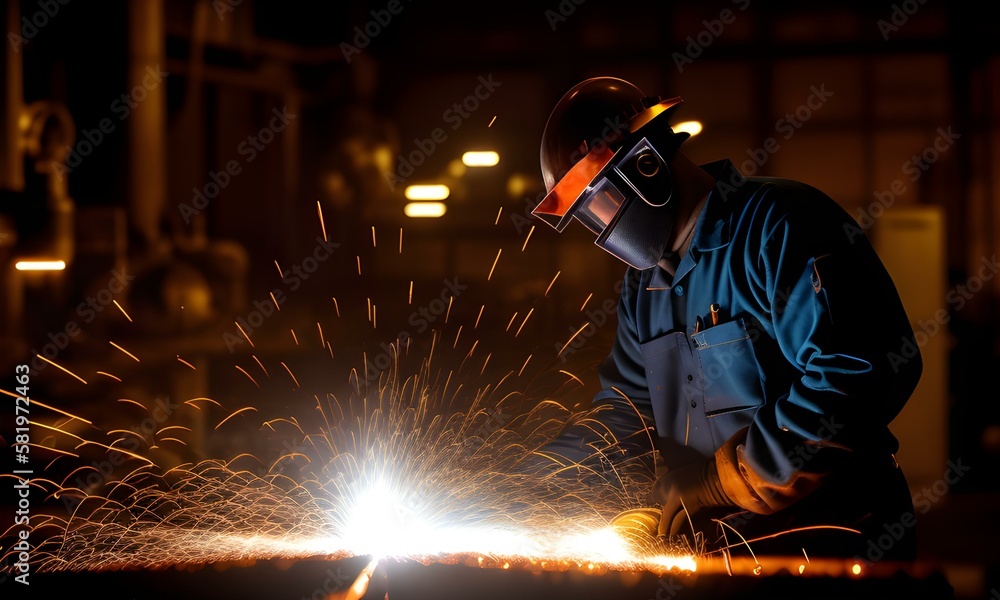 working welder performs welding work in the workshop, welding ...