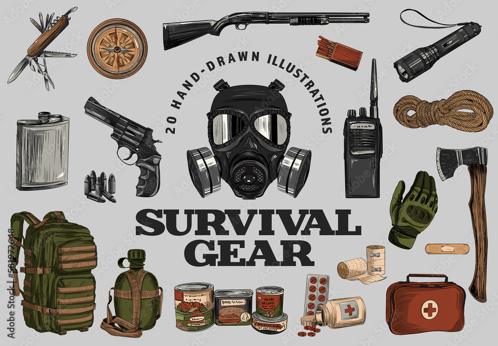 Preppers & Survivalist Clipart Illustration Set Stock Template | Adobe ...