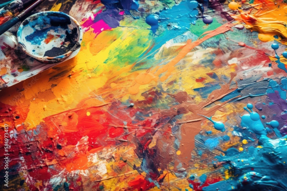 Watercolor and acrylic paint spread. Painting a room. Background with ...