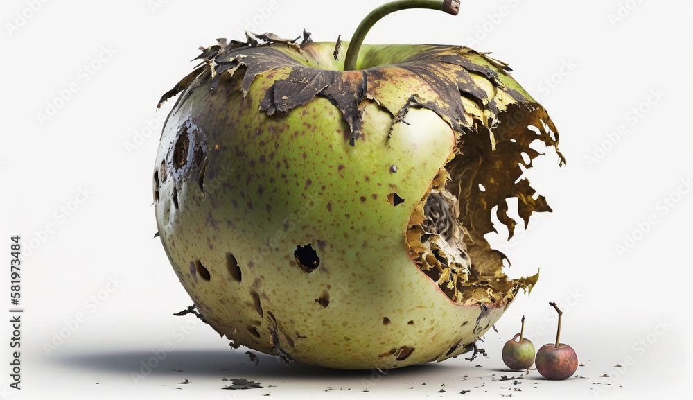 One bad apple spoils the bunch. A rotting apple on white background ...