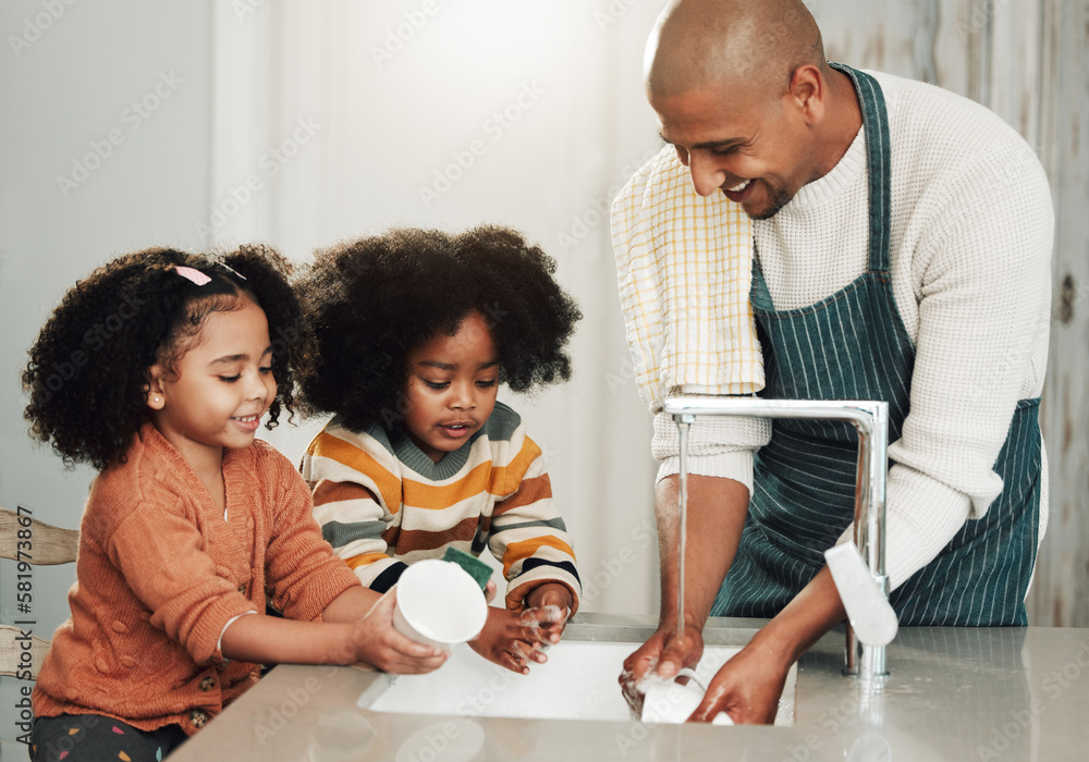 Cleaning, learning and happy with black family in kitchen for bonding ...