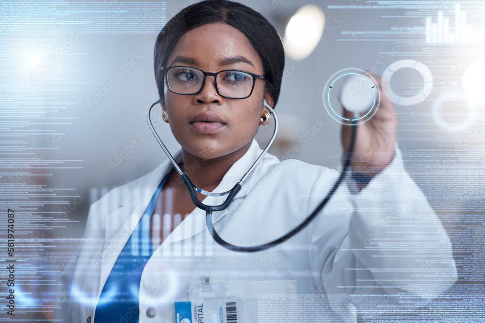 Overlay, stethoscope and futuristic black woman doctor using technology ...