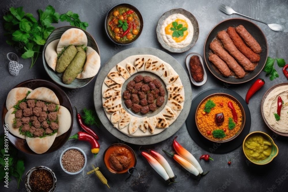 Middle eastern or arabic dishes and assorted meze on concrete rustic ...