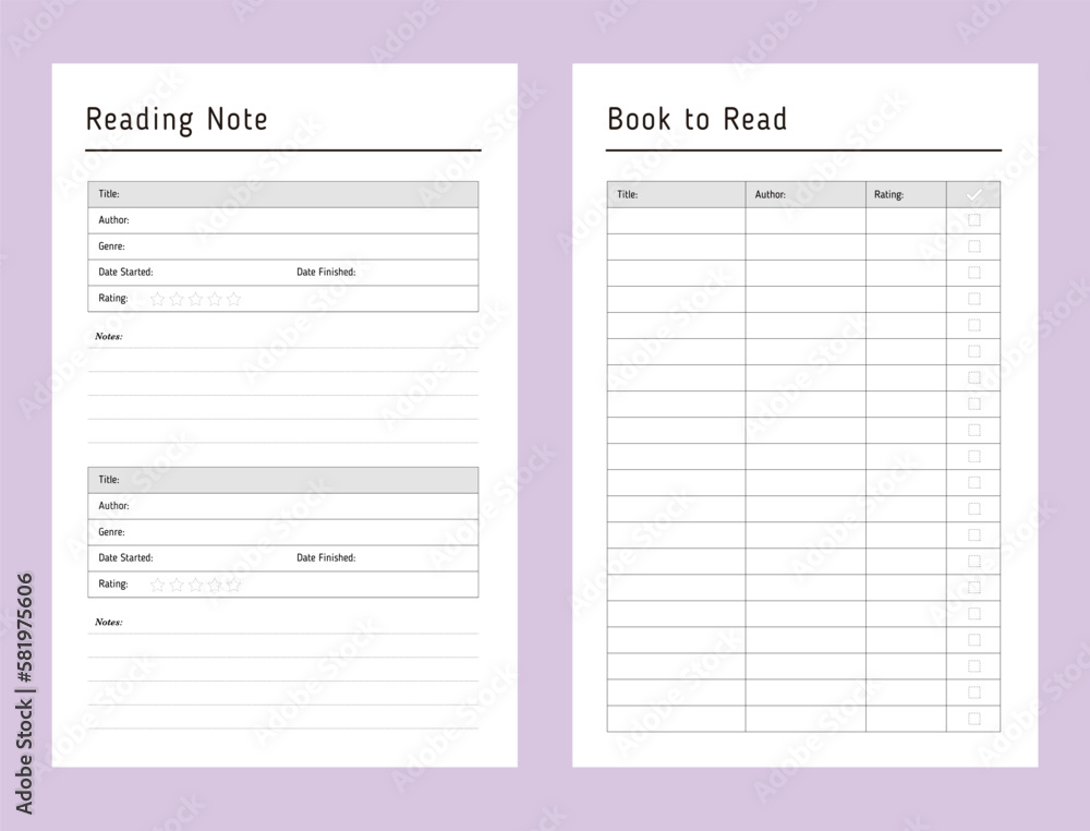 Reading notes and book to read planner. Minimalist planner template set ...
