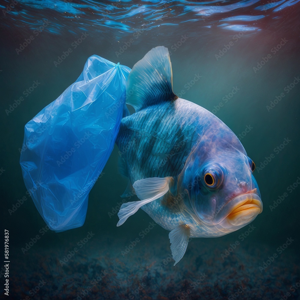 Microplastic in the ocean, conceptual image generation. Abstract marine ...