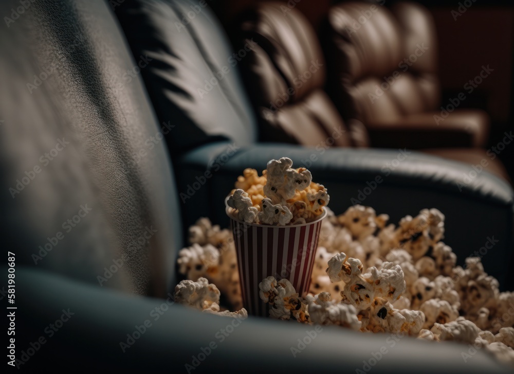 Popcorn on the movie theatre seat. couch. Generative AI. Stock ...