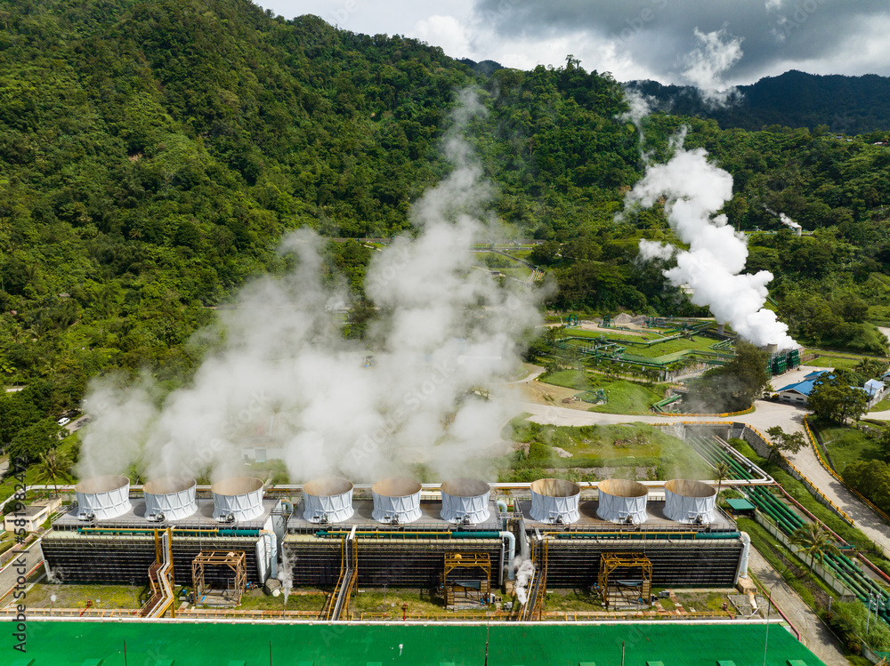 Geothermal power production plant. Geothermal station with steam and ...