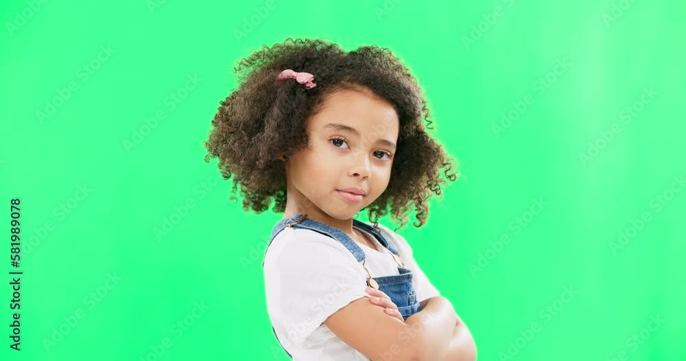 Face, eyebrows and child on green screen with attitude, arms crossed ...