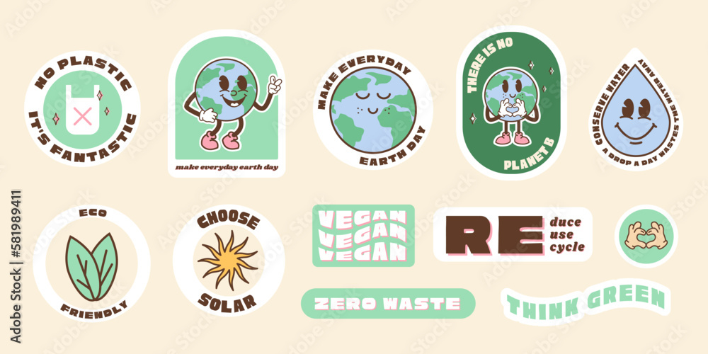 Save the planet stickers in trendy retro cartoon style. Sticker pack ...