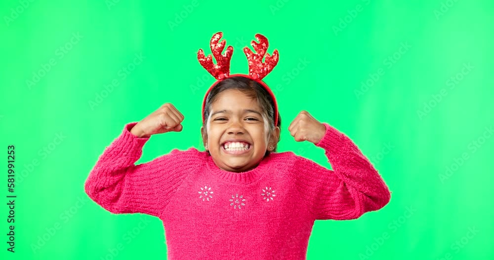 Portrait, christmas and flex with a girl on a greenscreen background in ...