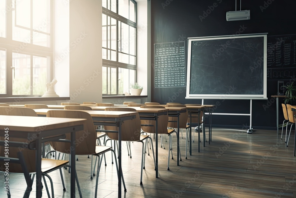 Blur Class room chair and table with white board and projector screen ...