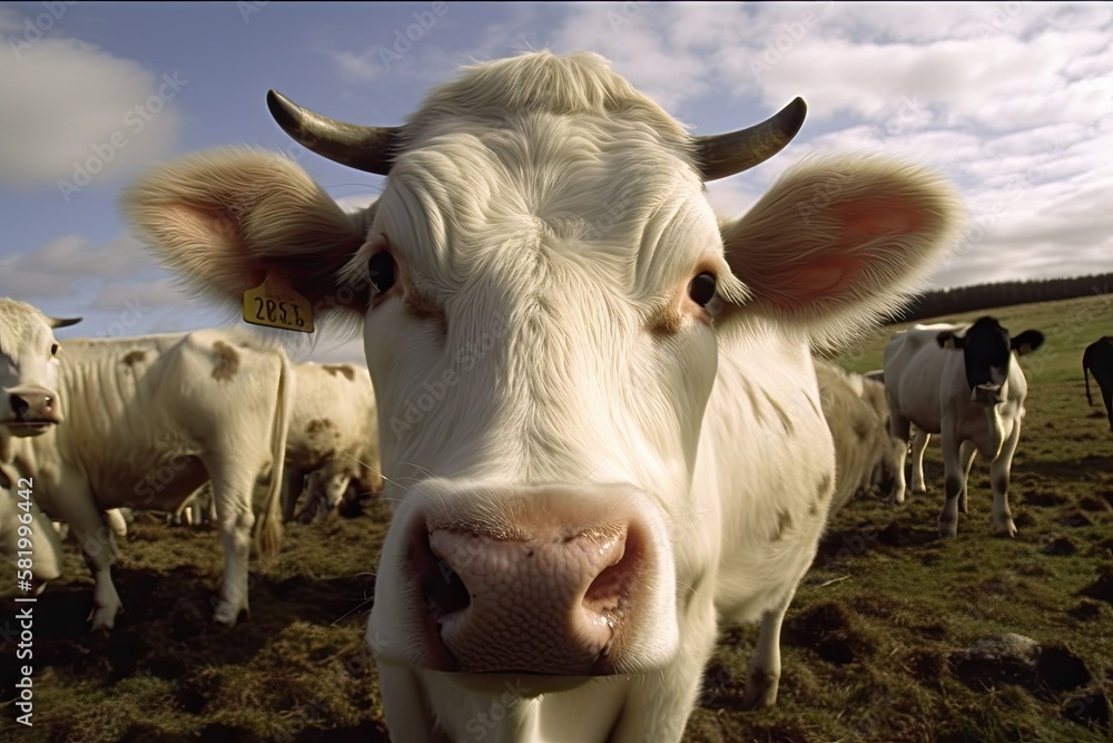 Close up of a white cow on a pasture. Agricultural animal looking ...