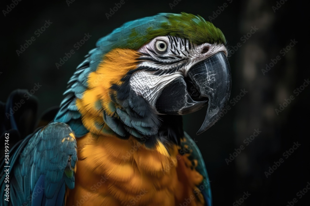 Bird Ara ararauna, also known as the exotic Brazilian bird Arara ...