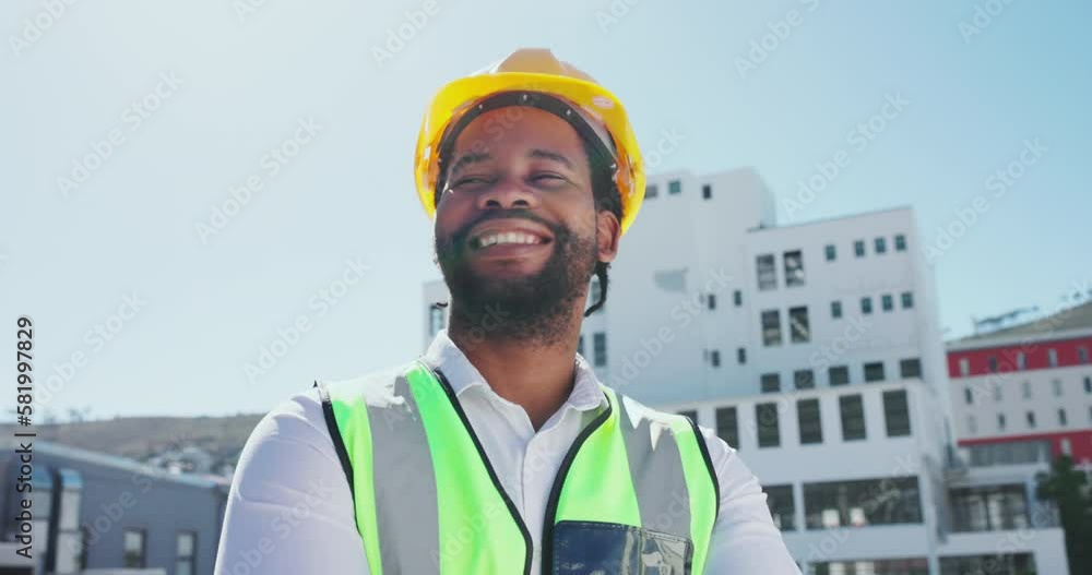 Proud engineering black man with outdoor planning, thinking of construction worker job and ...