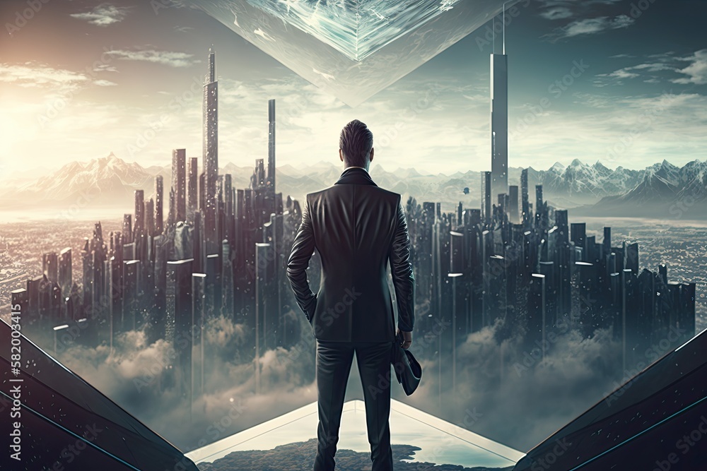 Confident successful businessman looking at smart city from high rise ...