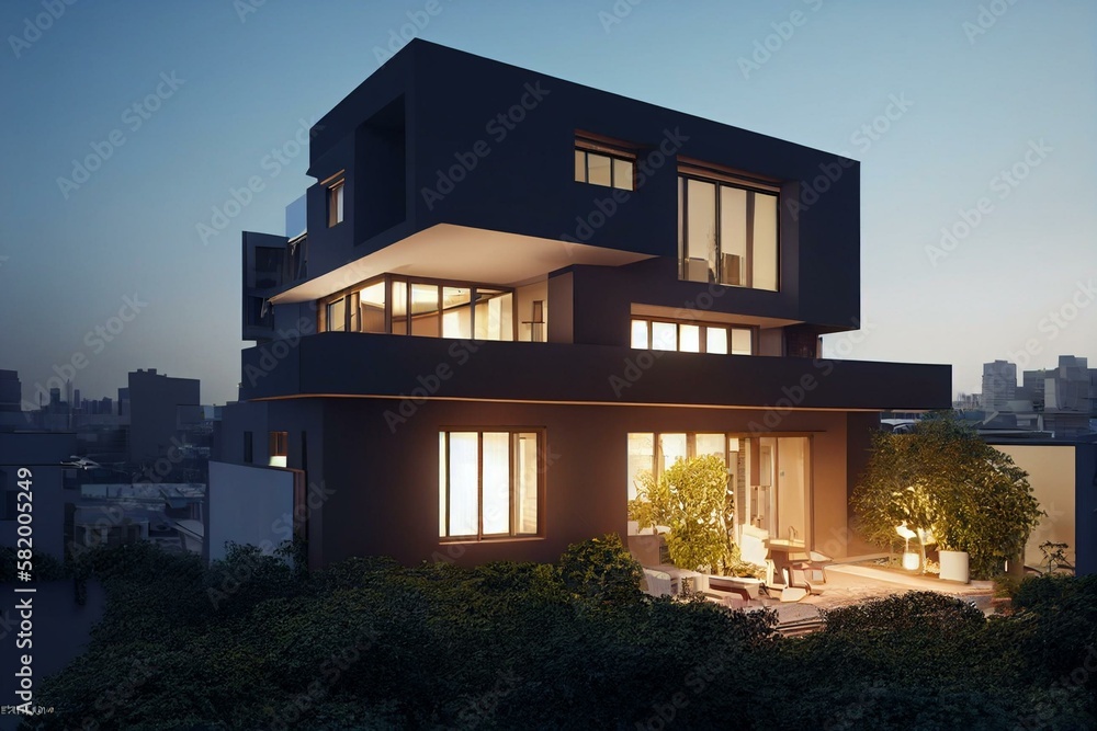 Roof garden in a modern city house. 3D visualization. House in modern ...