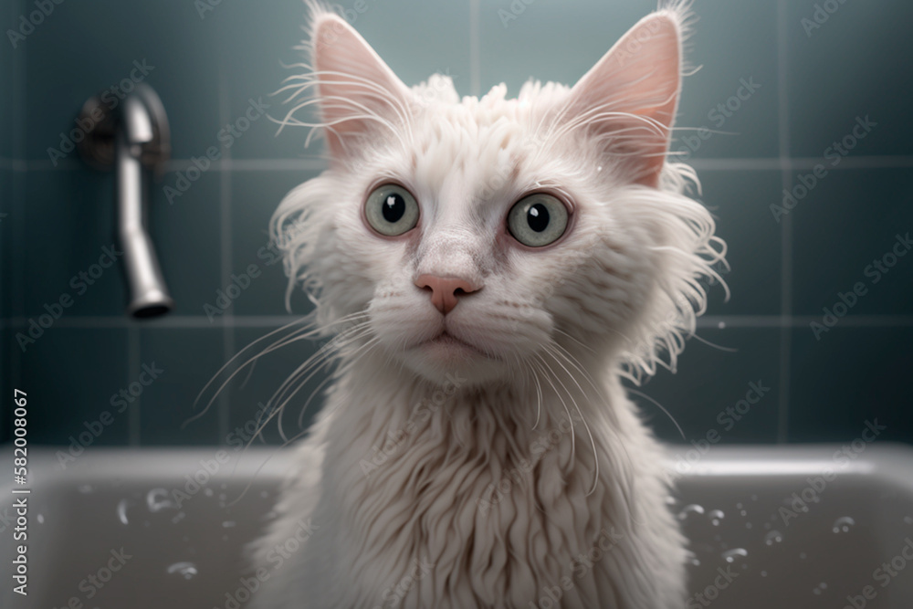 Generative AI illustration of cute white fluffy wet cat sitting in sink ...