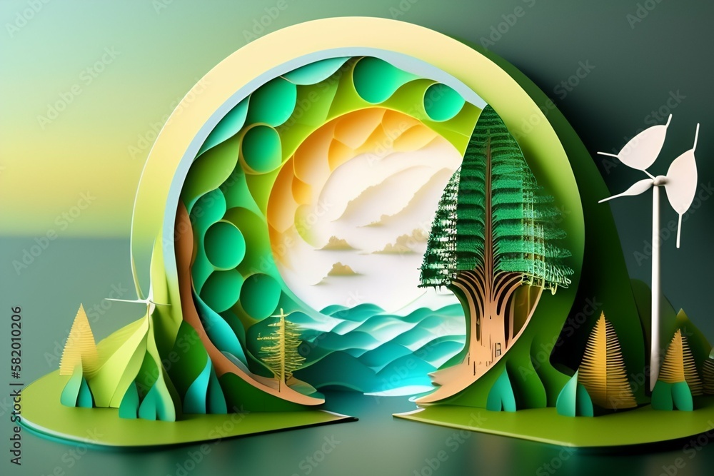 Paper art , renewable energy with green energy as wind turbines ...