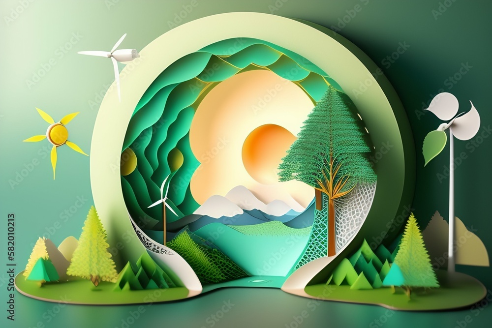 Paper art , renewable energy with green energy as wind turbines ...