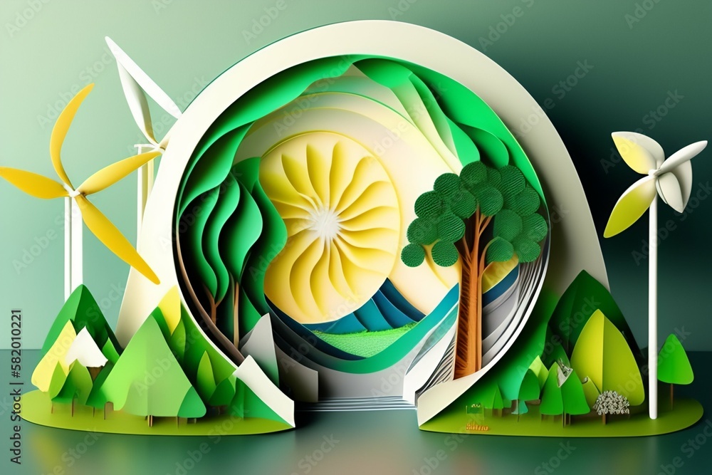 Paper art , renewable energy with green energy as wind turbines ...