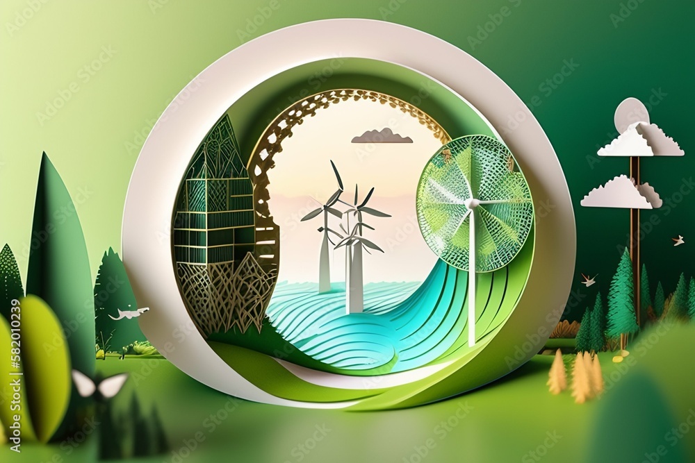 Paper art , renewable energy with green energy as wind turbines ...