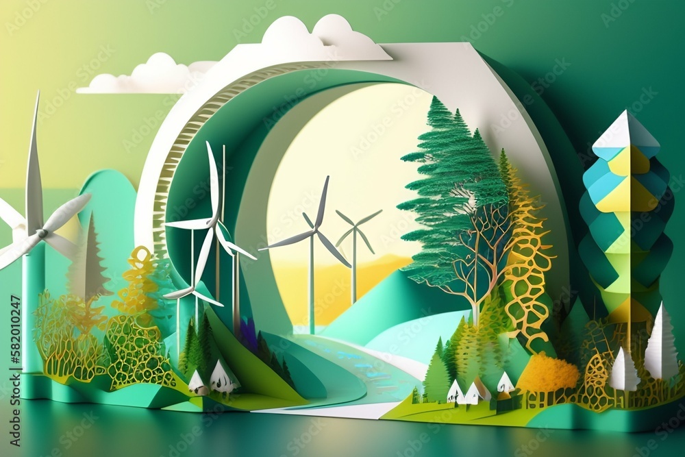 Paper art , renewable energy with green energy as wind turbines ...