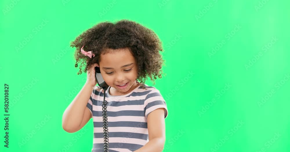 Telephone, young and phone call with girl in green screen studio for ...