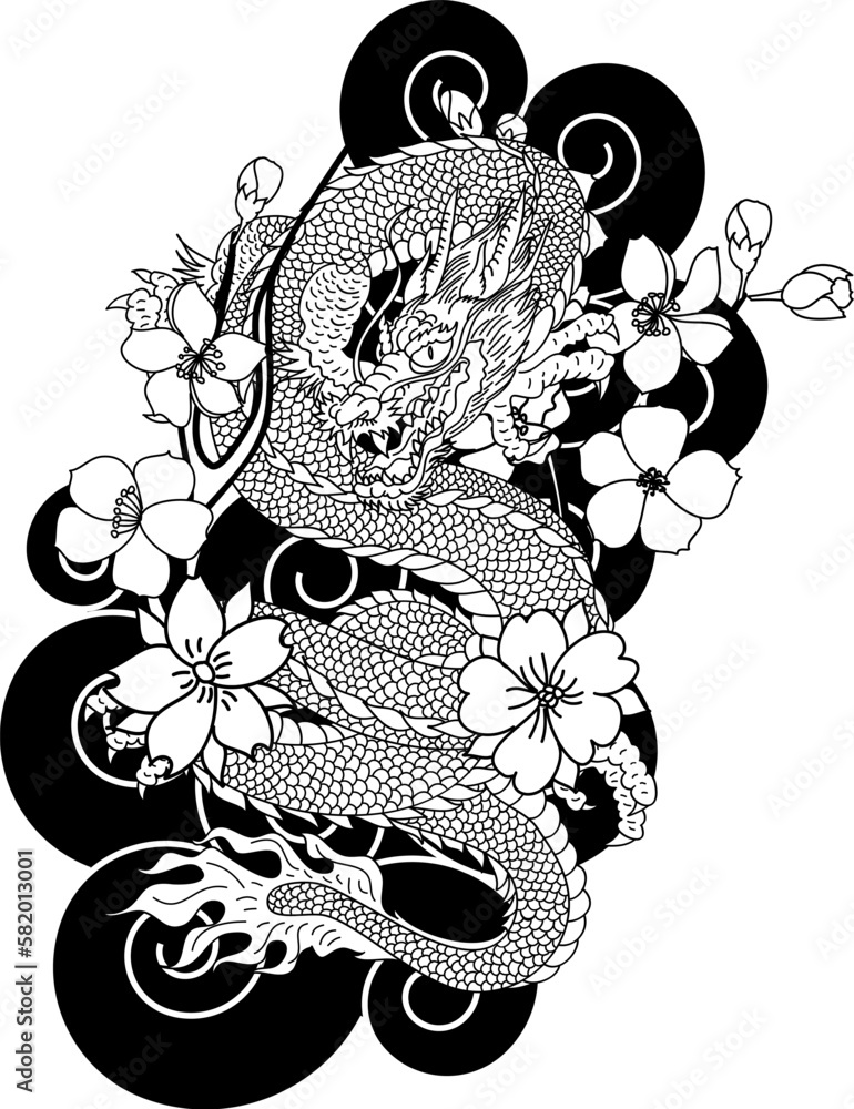 Traditional Japanese dragon with cherry blossom and wave for tattoo ...