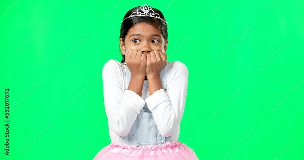 Scared, fear and child with anxiety on green screen with crown ...