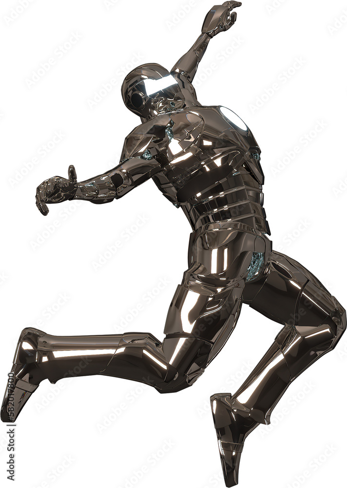 Steel robot The reflective surface is making a gesture. 3d rendering of ...
