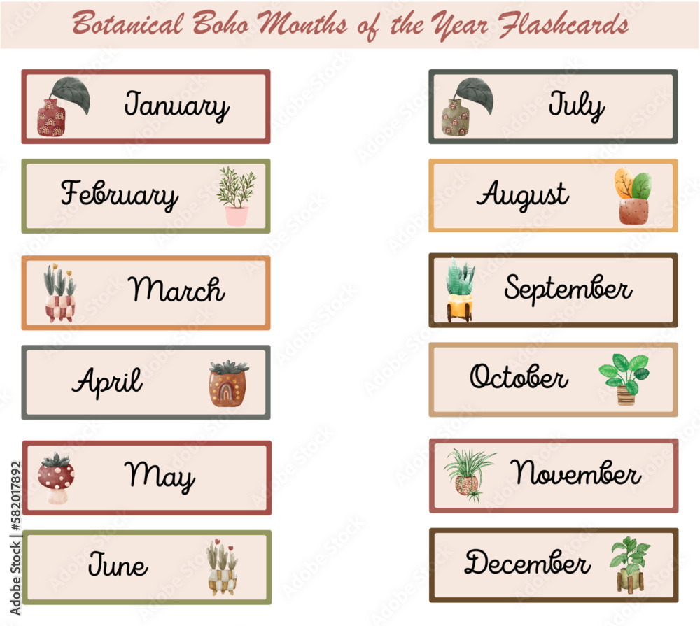 Colorful Botanical Boho Months of the Year Flashcards, Kids learning ...
