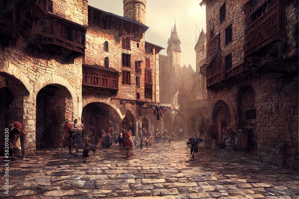 Magic medieval city street with medieval buildings, digital concept art ...