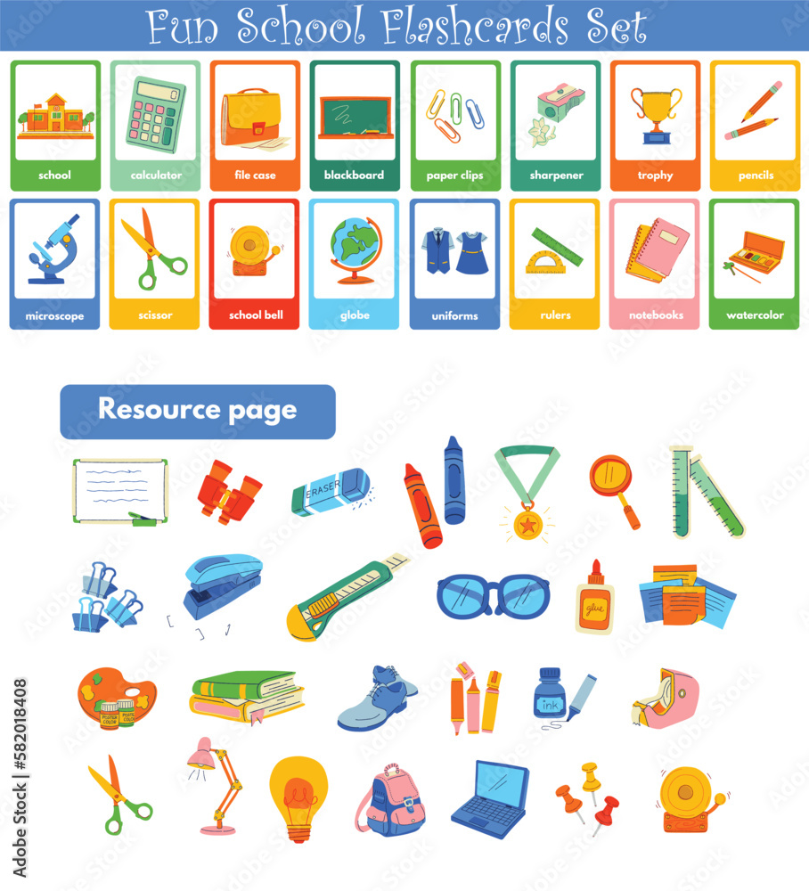 Colorful Fun School Flashcards Set, kids learning content flashcards ...