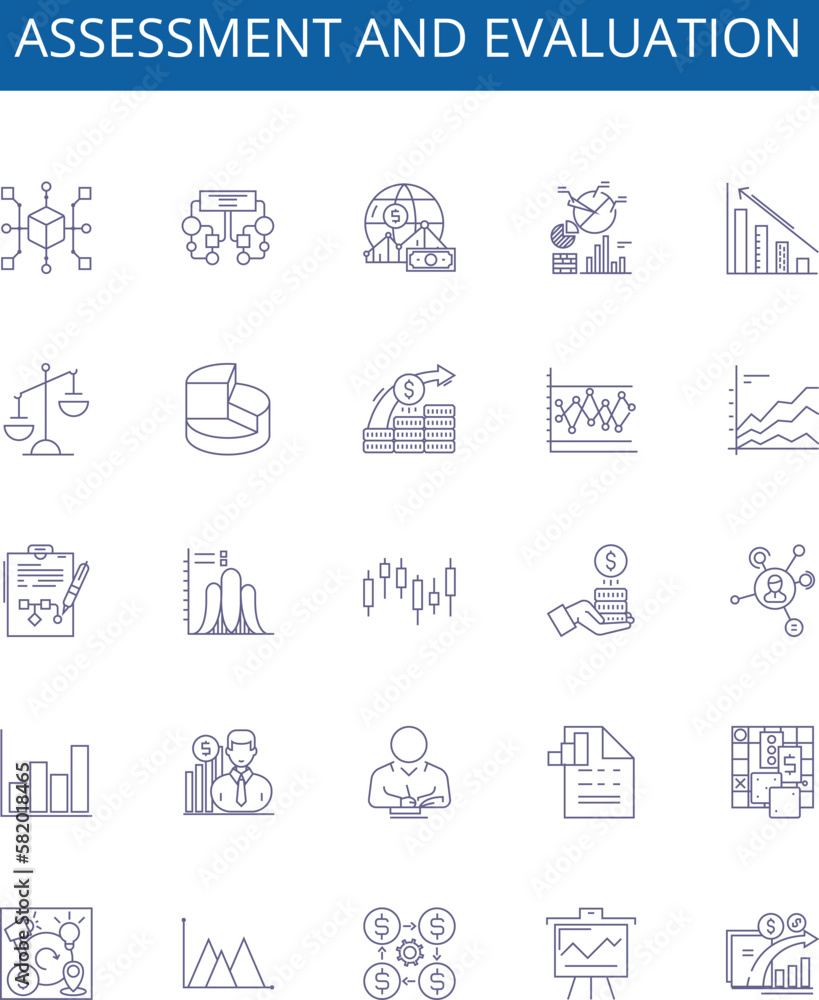 Assessment and evaluation line icons signs set. Design collection of ... Assessment and evaluation line icons signs set. Design collection of ...