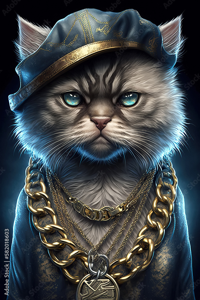 successful rapper boss with cat head in gangsta style with gold chains ...