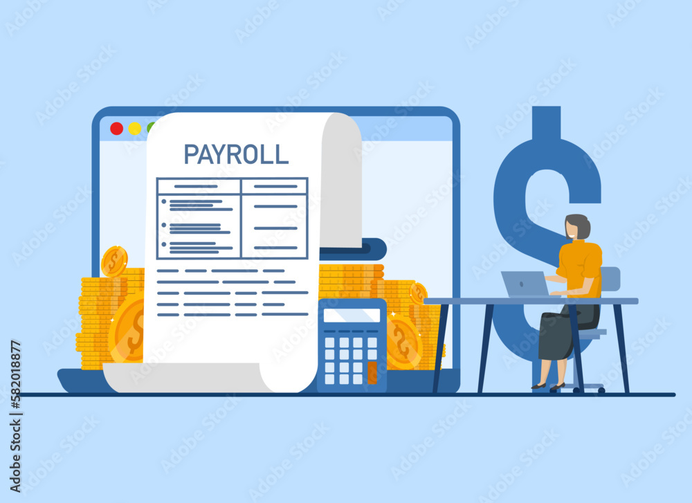 Payroll system concept, businesswoman sitting with online payroll ...