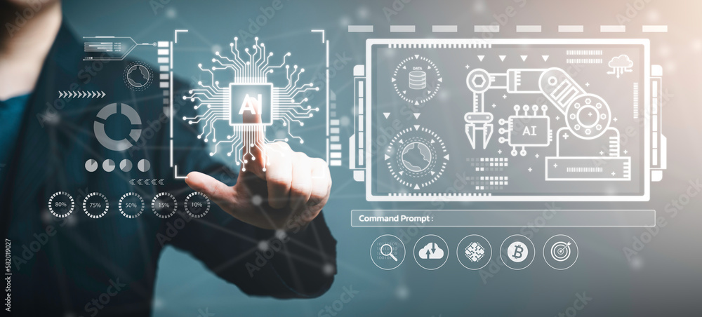 Foto de Chatbot Chat AI concept, Artificial Intelligence. Businessman using technology smart AI ...