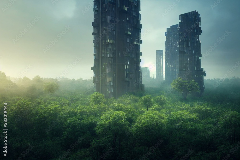 two tall buildings with plants growing on the sides of them in a forest ...