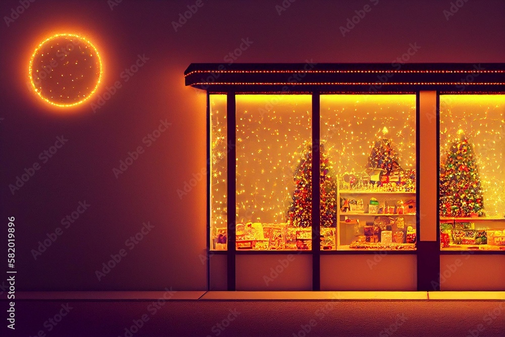 The brightly-lit store window is decorated with sparkling lights and ...